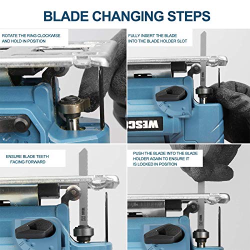 WESCO 4.5Amp Electric Jig Saw Tool with 6 Variable Speeds, 4 Orbital Sets, ±45° Bevel Cutting, Max Cutting Depth 2-1/2inch, 0-3000SPM, with 10PCS Blades for Metal PVC Ceramic Wood Cutting