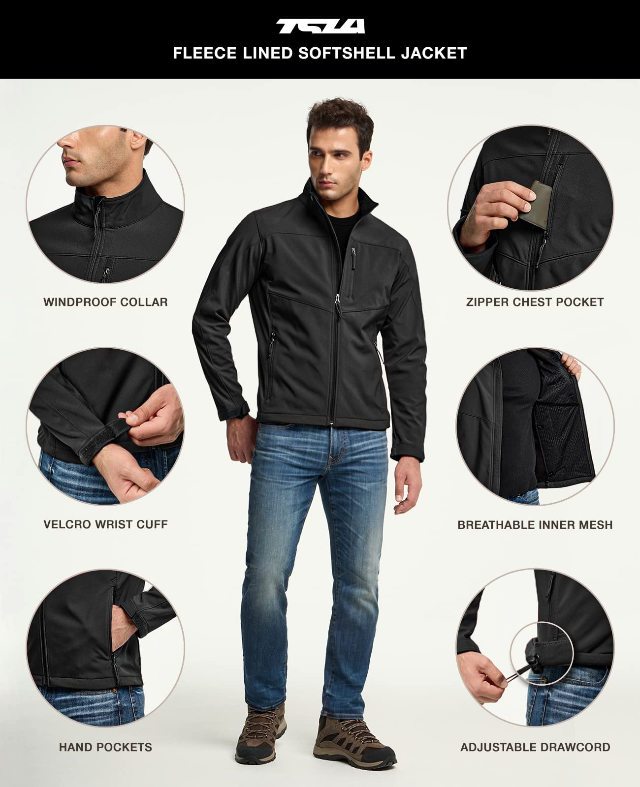 TSLA Men's Full-Zip Softshell Winter Jacket, Waterproof Fleece Lined Athletic Jacket, Outdoor Sport Windproof Jackets, Softshell Black, Medium
