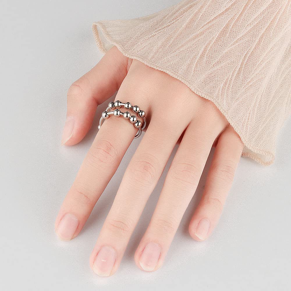 To My Daughter Fidget Rings ,Drive Away Your Anxiety Circle Beads Spinner Ring Adjustable Open Double Layer Ring Jewelry Gift for Mother Daughter (Silver)