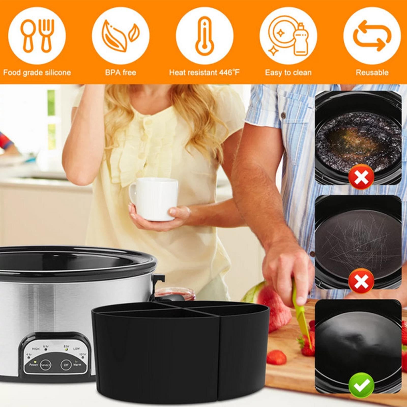 npkgvia Slow Cooker Liners Divider 4 in 1 Silicone Liner Fits 6 Silicone Liner Reusable Food Grade Silicone Cooking Liner for 6 Pot High Thermostability Leak Proo Small Saute Pan (Black, One Size)