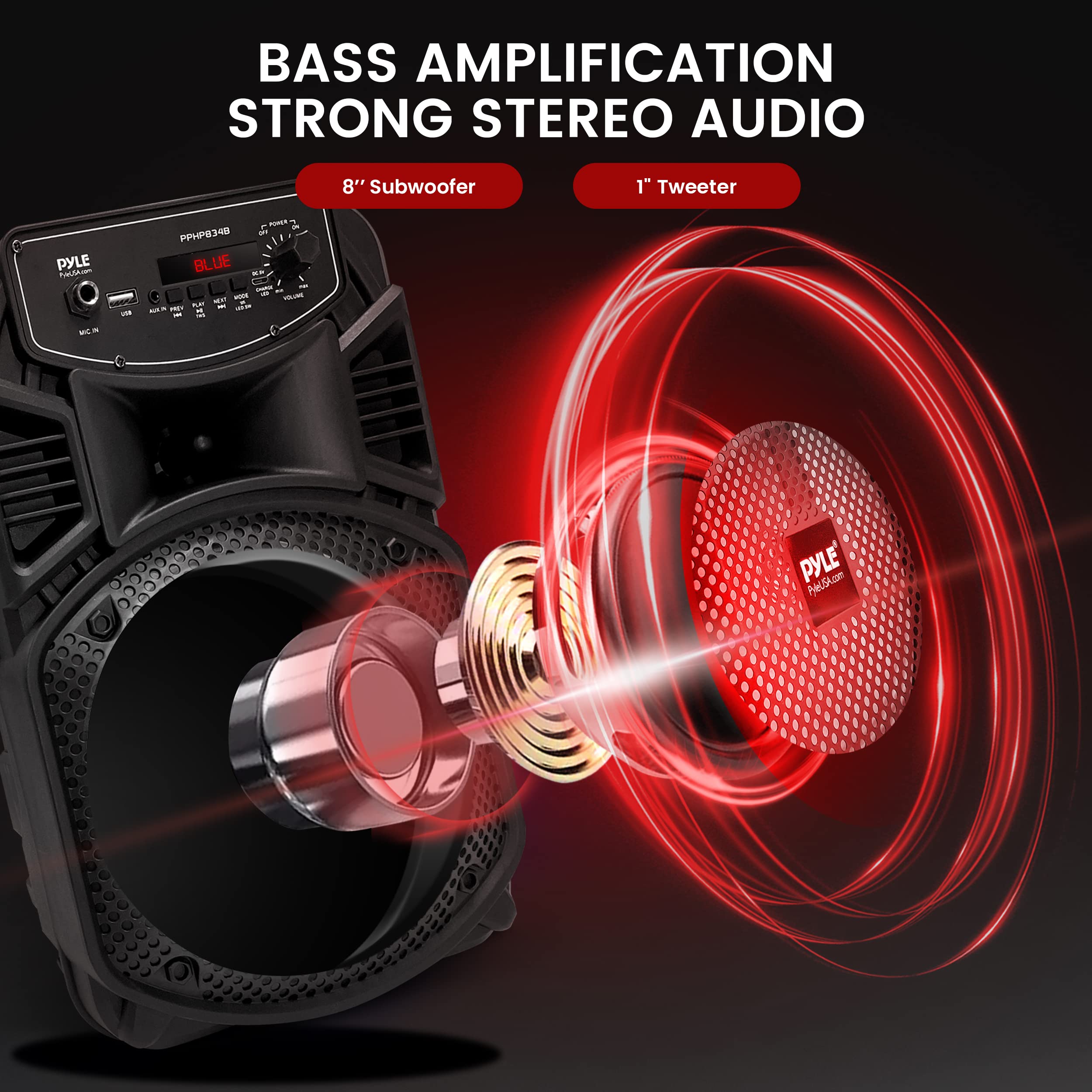 Pyle Portable Bluetooth PA Speaker System-300W Rechargeable Indoor/Outdoor Bluetooth Speaker Portable System w/ 8β Subwoofer 1β Tweeter, Microphone in, Party Lights, MP3/USB, Radio, Remote PPHP834B