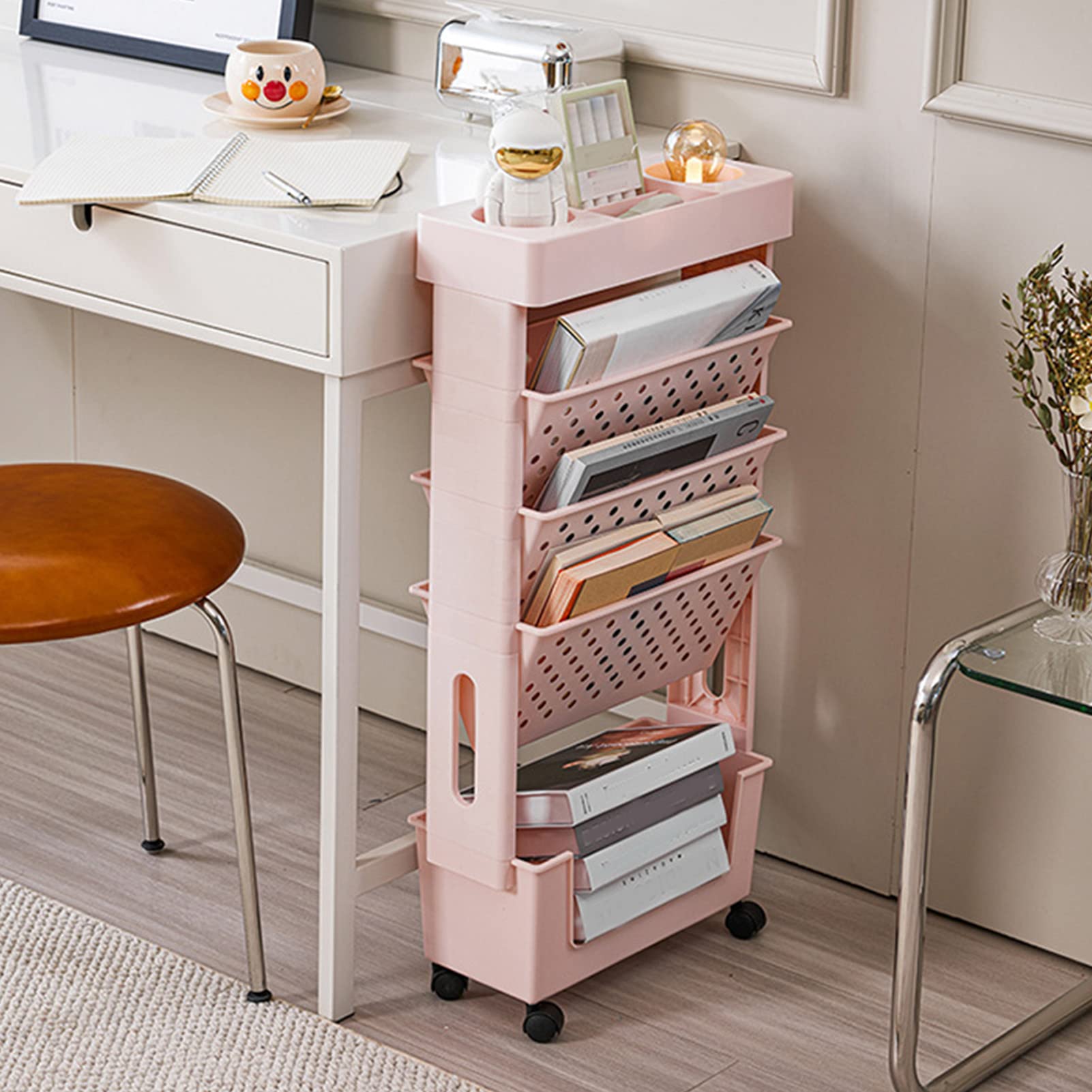Movable Bookshelf, Slide Out Rolling Utility Cart, Movable Bookshelf Shelving Organizer, Multilayer Capacity Rotatable Removable Plastic Practical Rolling Organization Shelf with Wheel(Pink)