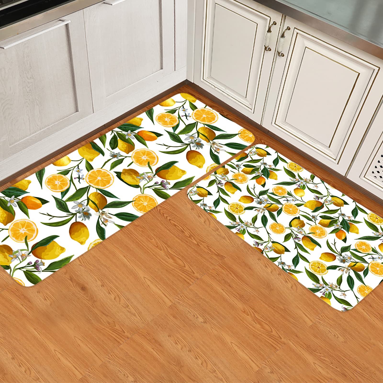 Ta-Home 2 Pieces Lemon Kitchen Rug Set Non-Slip Backing Mat Throw Rugs Country Yellow Lemon Leaf Doormats Absorbent Area Runner Watercolor Fresh Fruit Art Carpet for Bathroom, 15.7x23.6in+15.7x47.2in