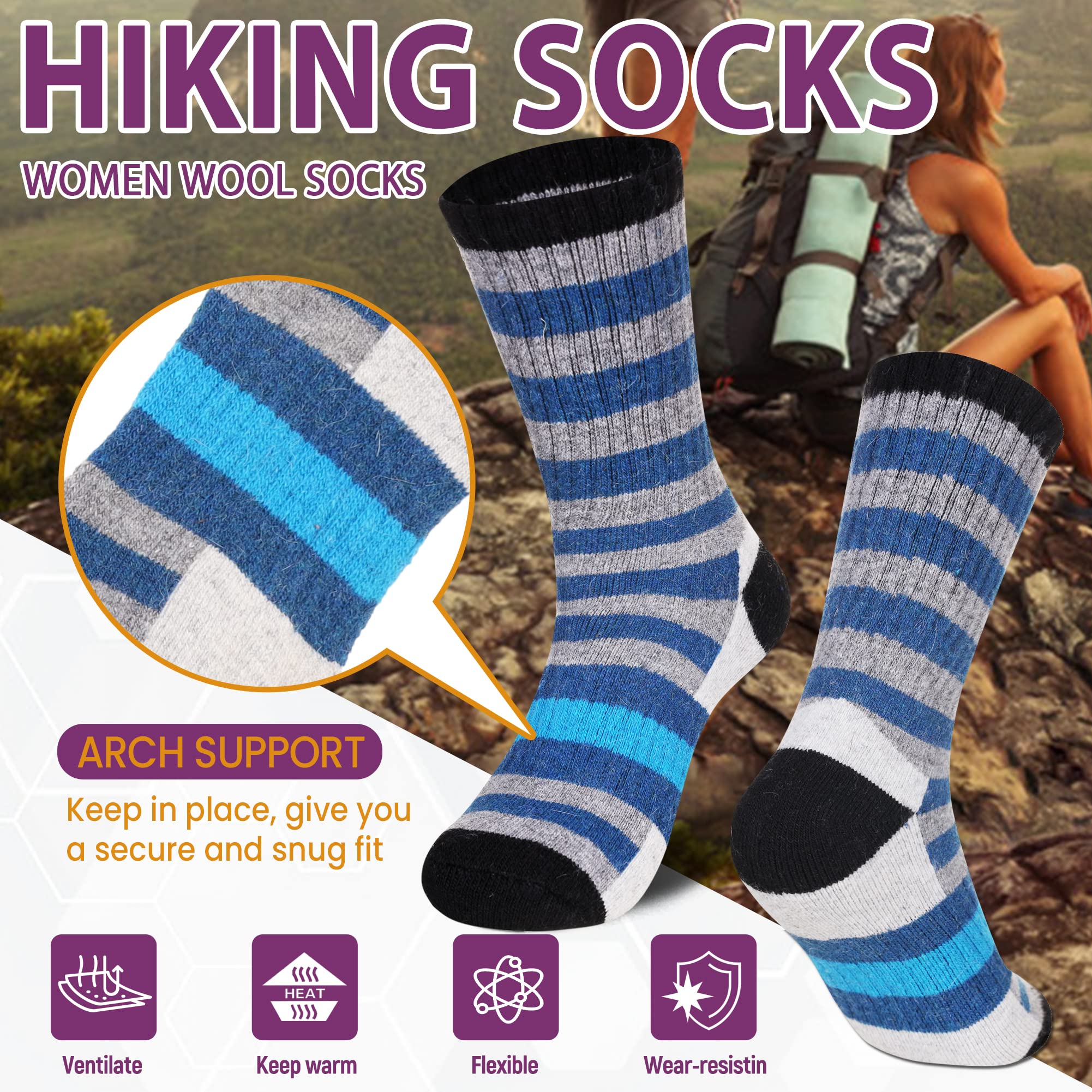 Womens Merino Wool Hiking Socks Winter Soft Thermal Warm Boot Cushion Work Socks 5 Pairs(Stripe)