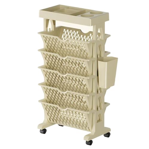 Movable Classroom Deskside Bookshelf, Desk Storage Organizer with Caster Wheels, 6-Tier Storage Trolley Under Desk, Adjustable Rolling Cart Organizer Multifunctional Rolling Cart with Hanging Cups ( C