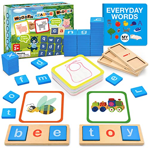 Victostar 121PCS Short Vowel Reading Letters Sorting Spelling Toy Set,Wooden Reading Blocks Learning CVC Sight Words Flashcards Alphabet Montessori Toy Gift for 3 4 5 Years Old