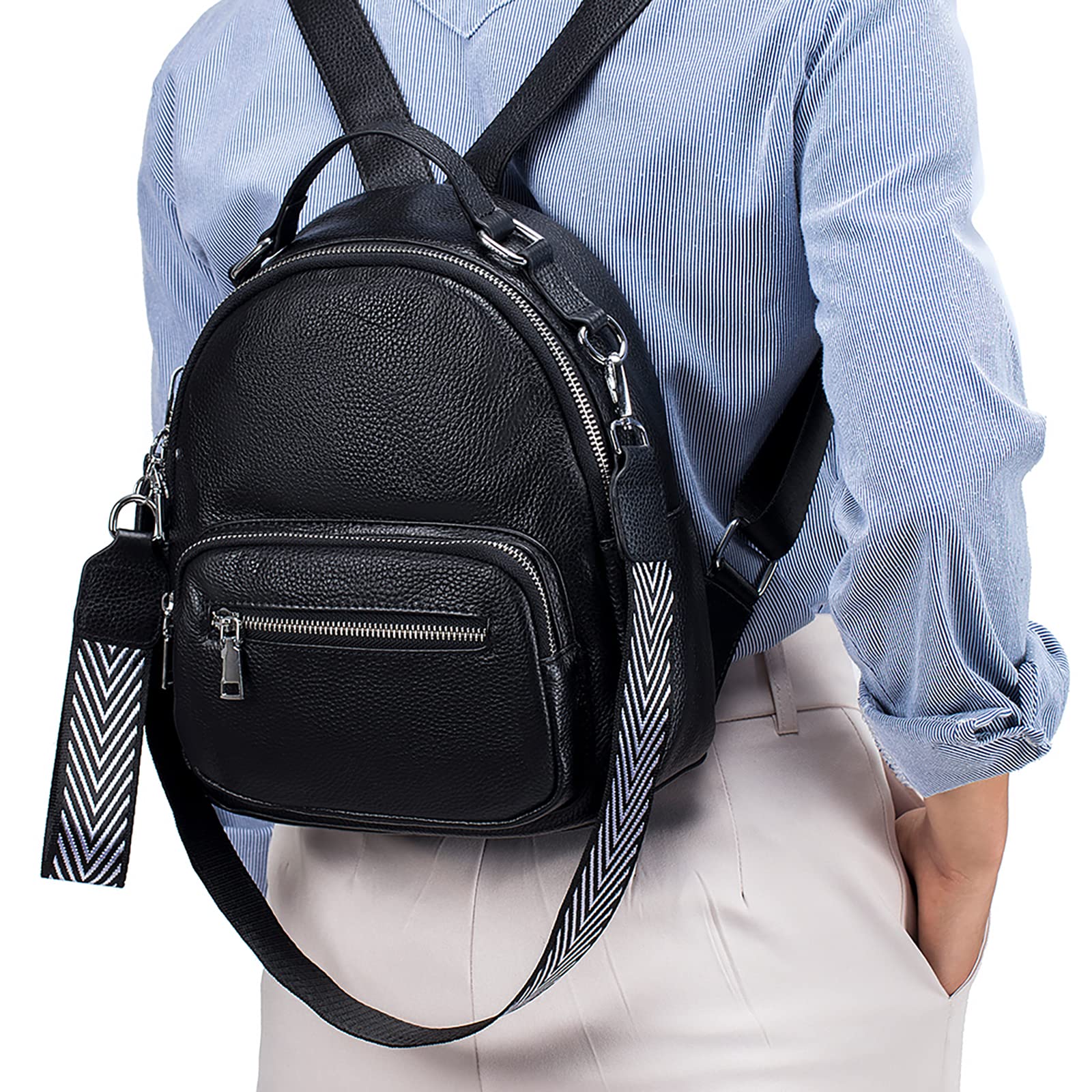 SENLANY Small Backpack Purse for Women Genuine Leather Stylish Convertible Satchel Handbags with Detachable Shoulder Strap Black Classic