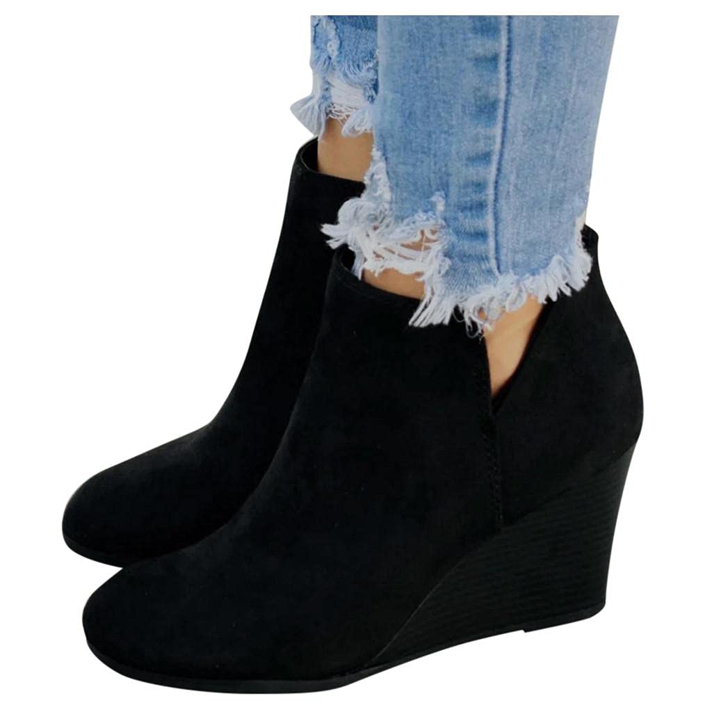 soyienma Boots for Women,Womens Retro Slip-On V-Cut Platform Boots Pointed Toe Ankle Booties Casual Block Heel Short Boots, Z15-black, 9.5-10
