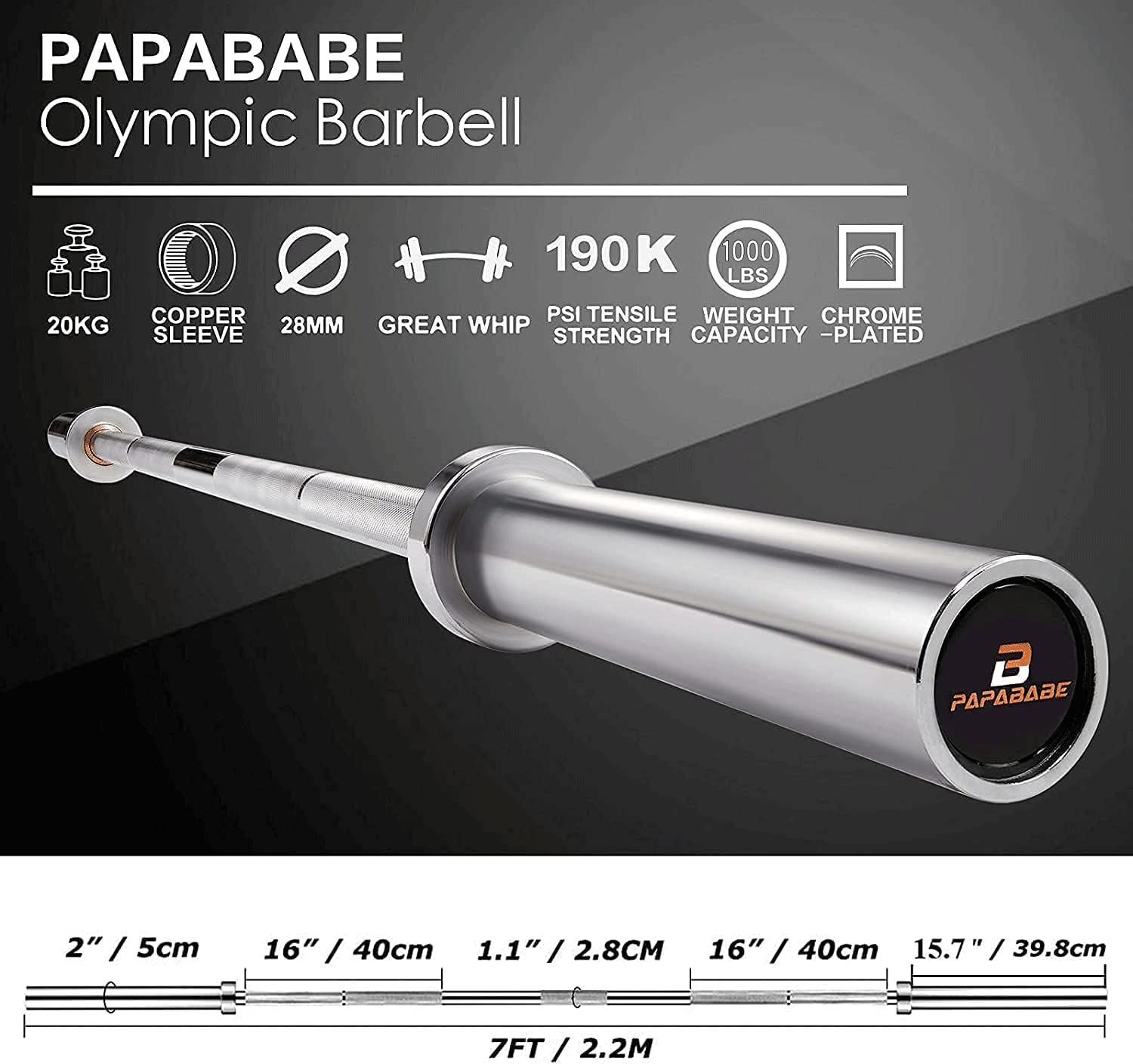 papababe 2 Inch Bumper Plates Set with 7-Foot Olympic Barbell, Color Coded Rubber Weight Plates with Steel Insert, Chrome Bar for Weightlifting Powerlifting (250LB + Bar)