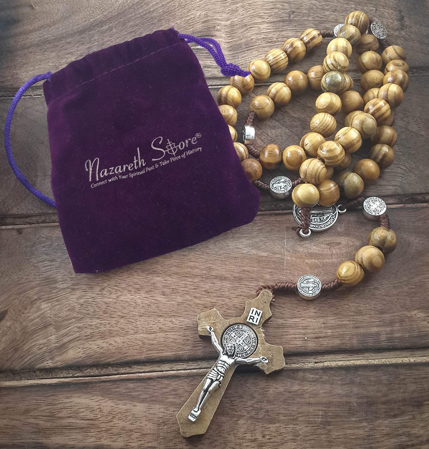 Nazareth Store Wood Beads Rosary Necklace Saint Benedict Medal & Catholic Cross Religious Prayer Chaplet String Handmade - Velvet Bag