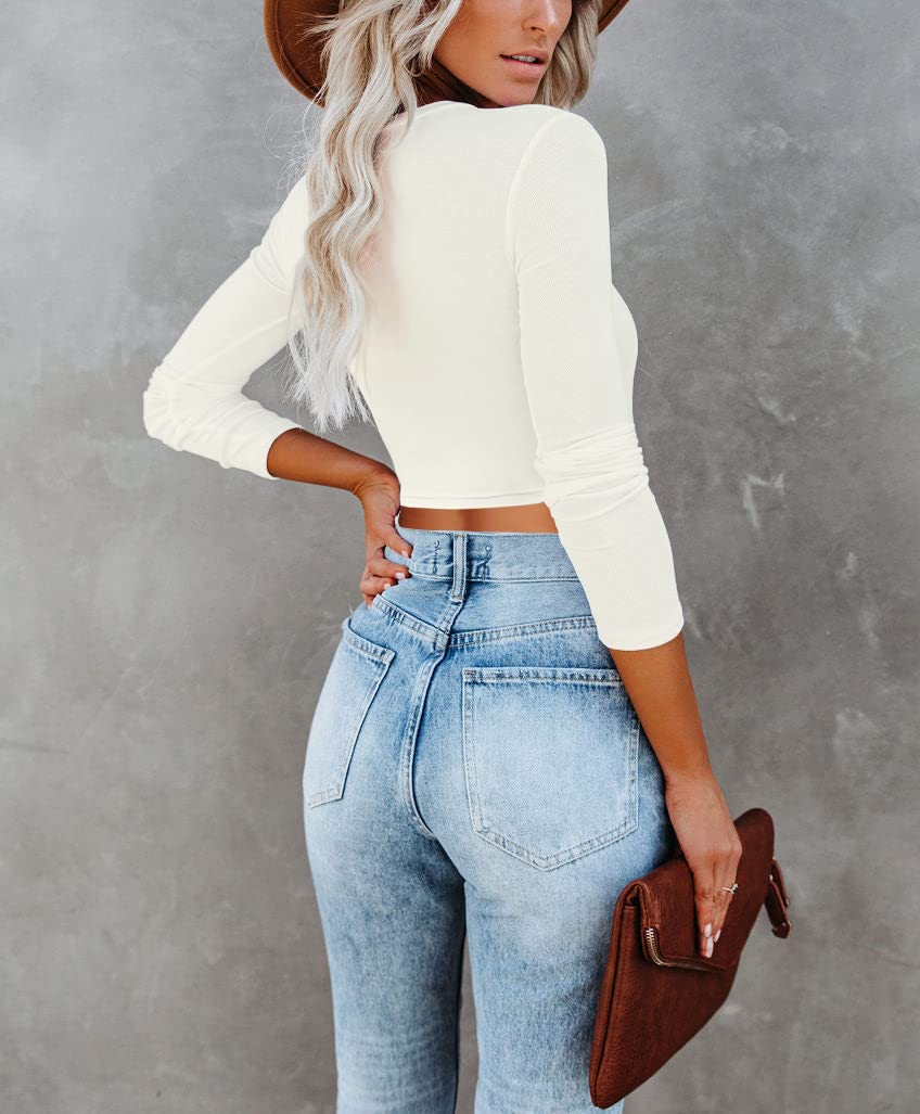 Women Long Sleeve Slim Fit Lined Cropped Shirt Basic Crewneck Tops Undershirt Beige S…