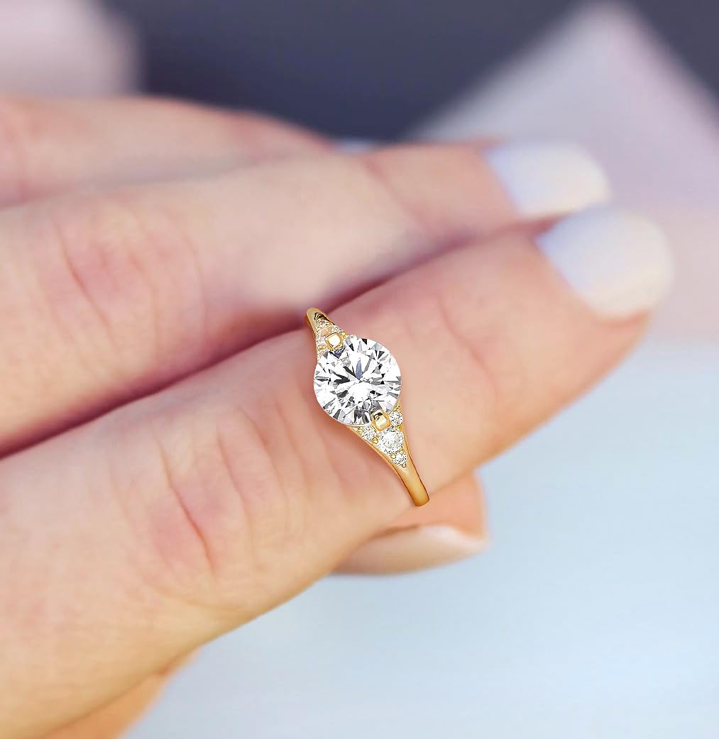 TIGRADE 1.5CT Anniversary Ring for Women Round Cut Cubic Zirconia Engagement Ring 14K Gold Plated CZ Eternity Wedding Band Size 4-11, Gold, Size 4.5