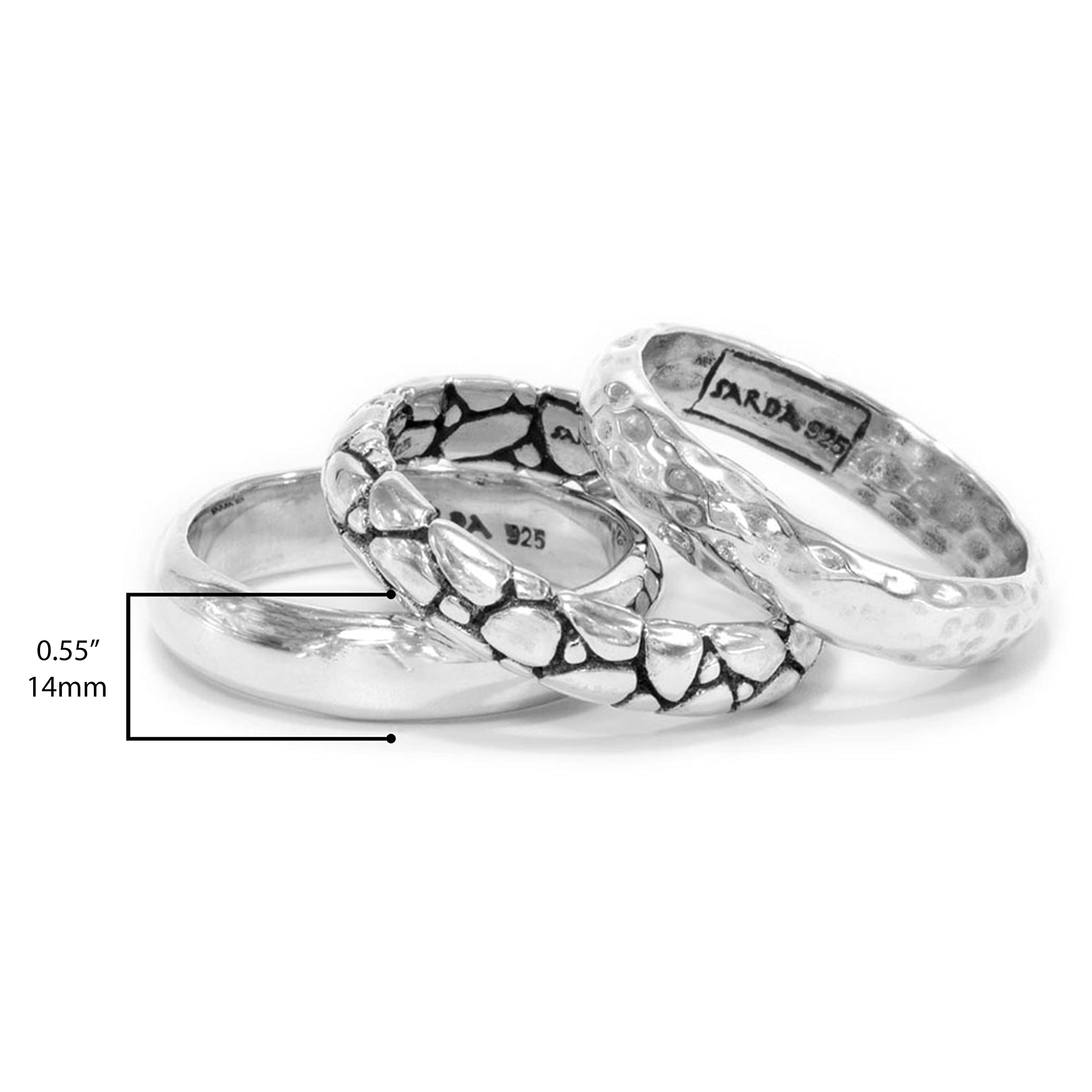 SARDA - .925 Sterling Silver Watermark Mosaic, Hammered & High Polish Set of 3 Stacking Rings - Handmade by Bali Artisans - Size 8