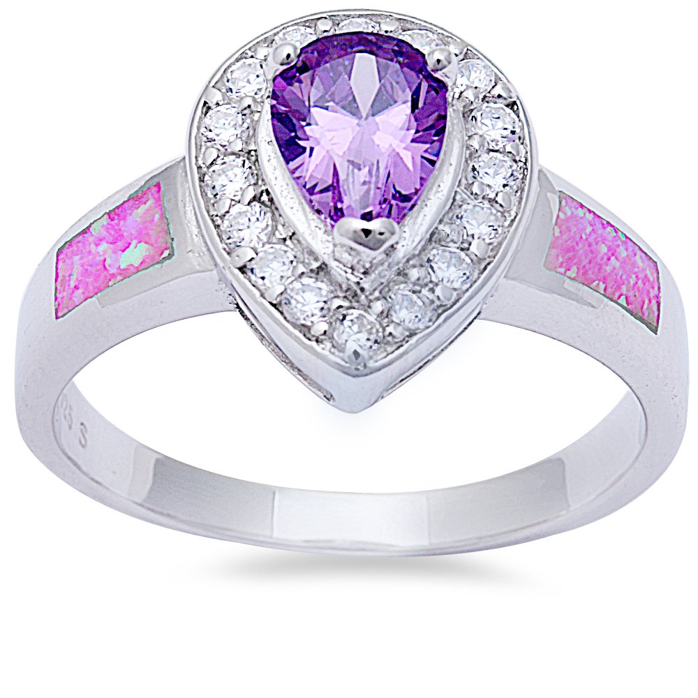 Oxford Diamond Co Pear Shape Simulated Amethyst, Cz, & Lab Created Pink Opal .925 Sterling Silver Ring Size 8
