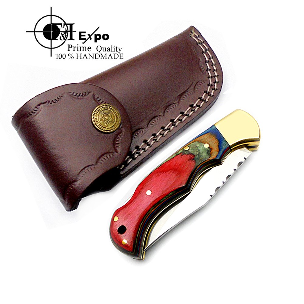 Multi Wood 6.5'' Handmade Stainless Steel Folding Pocket Knife Brass Bloster With Back Lock 100% Top Quality
