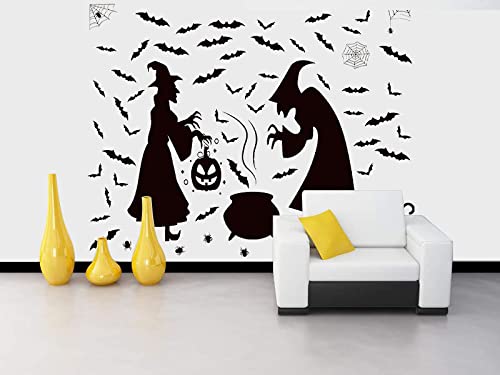 Sika Deer Halloween Window Decorations - Extra Large 2 Witches with Black Cat Bat Spider Cauldron Silhouette Halloween Window Stickers Indoor,Window Clings for Halloween Party Decorations(3 Sheets)