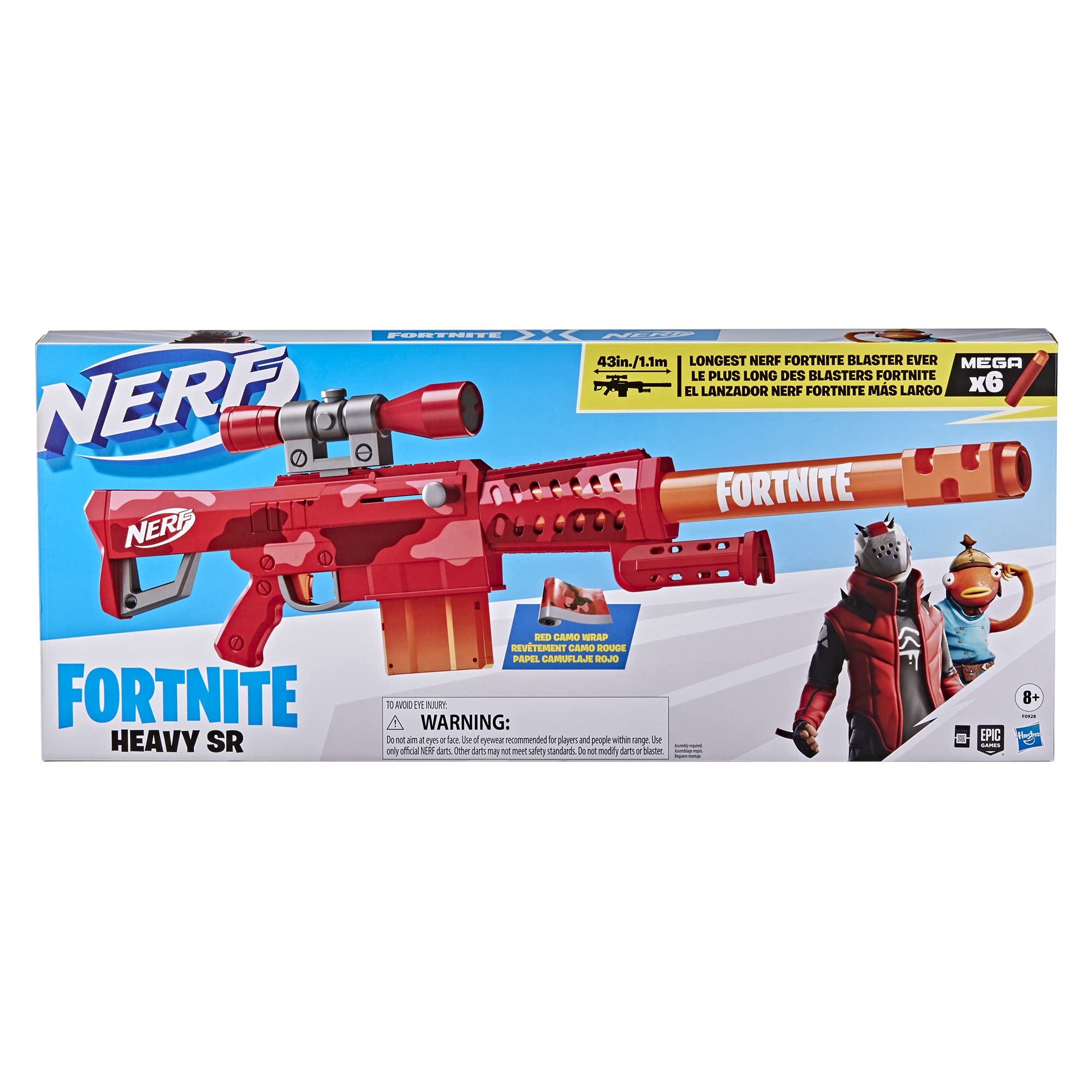 NERF Fortnite Heavy SR Blaster, Longest Fortnite Blaster Ever, Removable Scope, Bolt Action, 6 Official Mega Darts, 6-Dart Clip