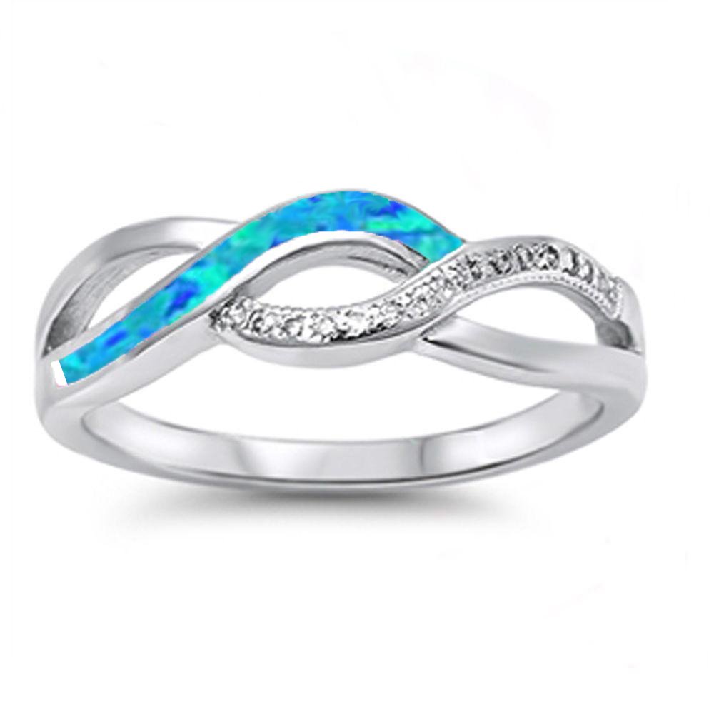 Oxford Diamond Co Lab Created Blue Opal Twisted Band Infinity .925 Sterling Silver Ring Size 8