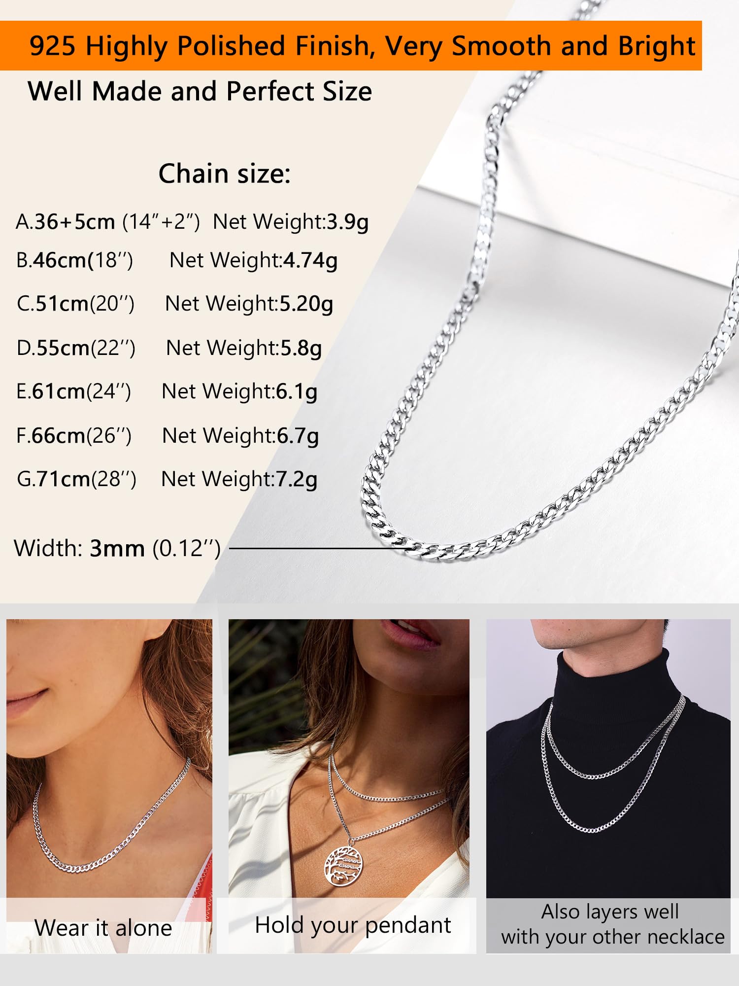 PROSTEEL 925 Sterling Silver Chain Necklace for Men Cuban Link Chains Necklace Dainty 14 inch Mens Layered Necklaces