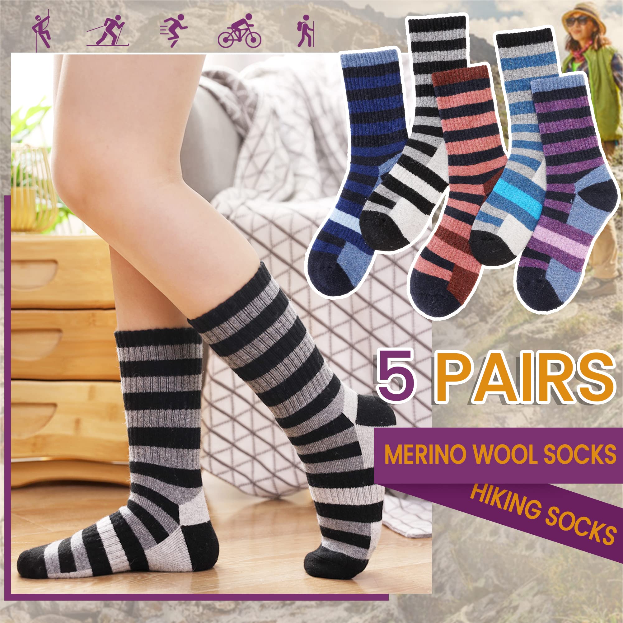 Womens Merino Wool Hiking Socks Winter Soft Thermal Warm Boot Cushion Work Socks 5 Pairs(Stripe)