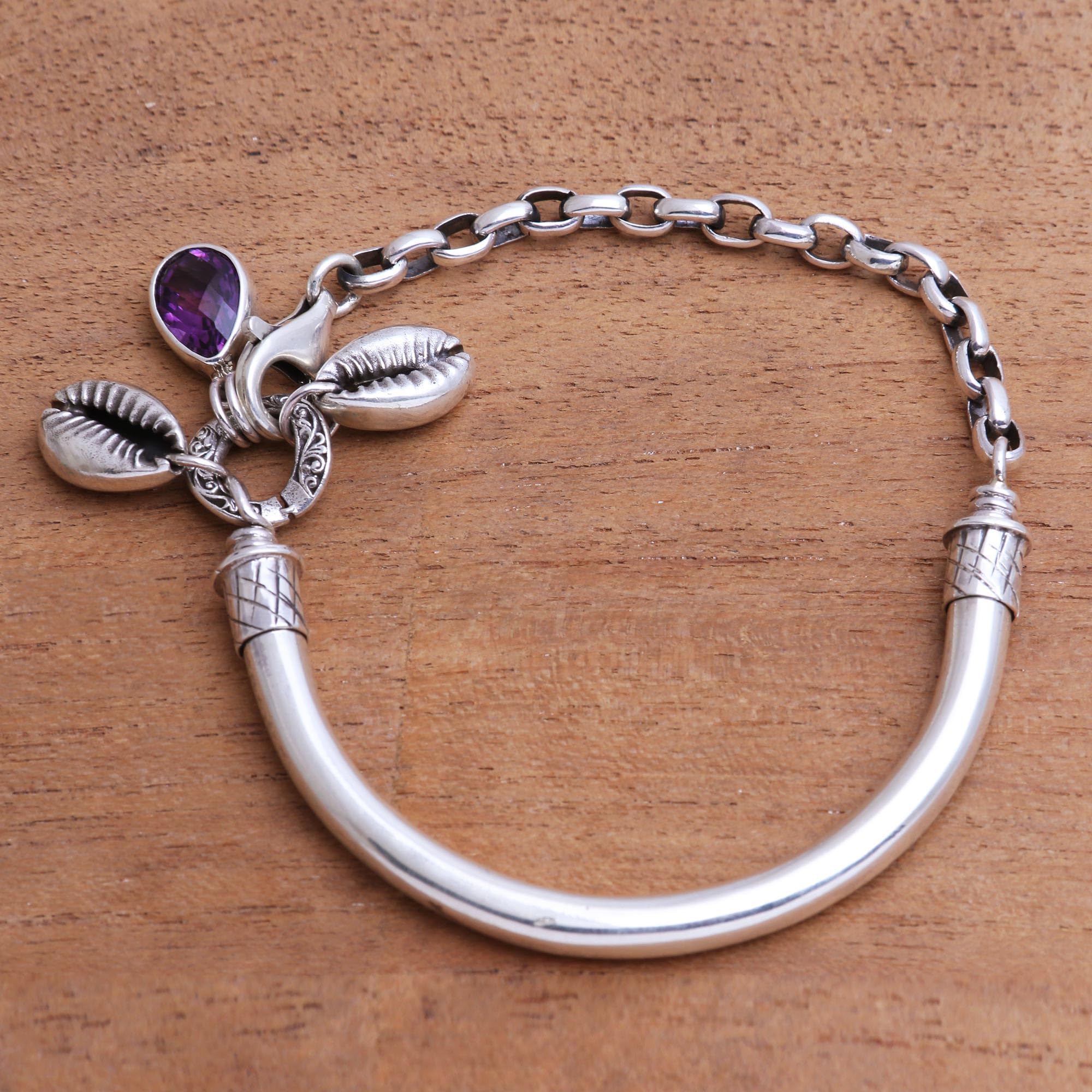 NOVICA Handmade .925 Sterling Silver Amethyst Bracelet Faceted from Java Charm Chain Bangle Indonesia Birthstone Gemstone [7.5 in Inner Circ. x 0.2 in W] 'Glistening Shells'