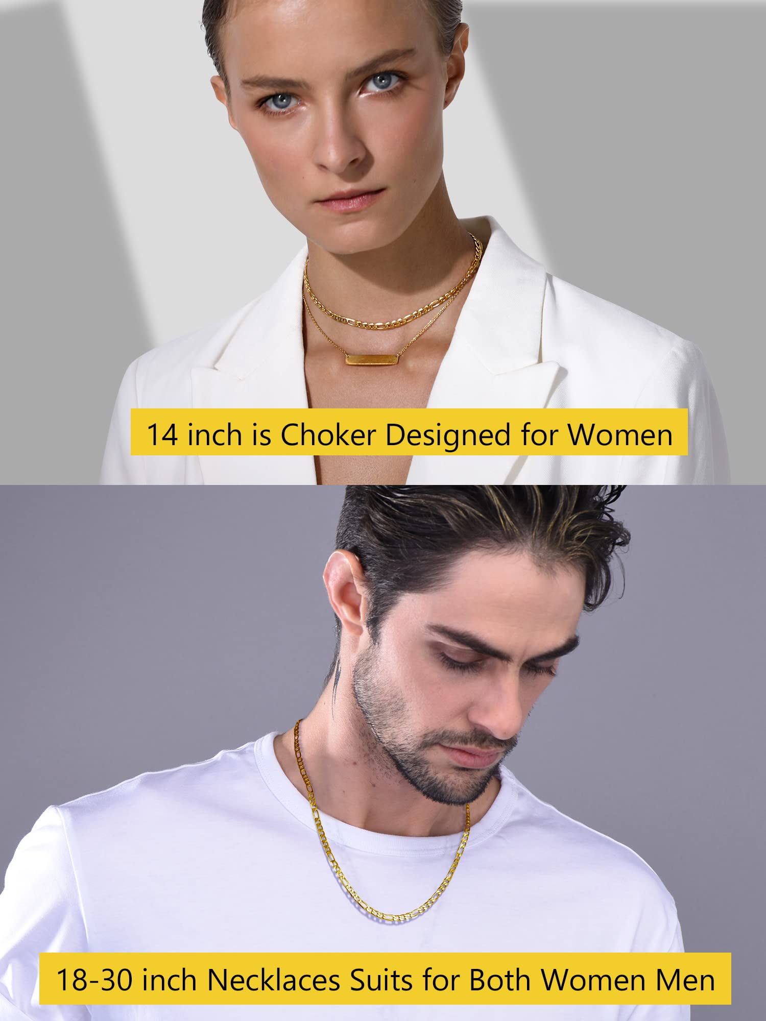 PROSTEEL Figaro Chain Gold Necklace 4mm Dainty Cute Chains 14 Inch Layered Necklaces For Men