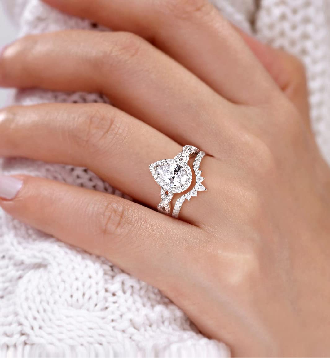 TIGRADE 1.5CT Engagement Ring for Women Teardrop Cubic Zirconia Wedding Band Halo Twisted Pear CZ Promise Anniversary Ring Size 3-12, Silver, Size 8