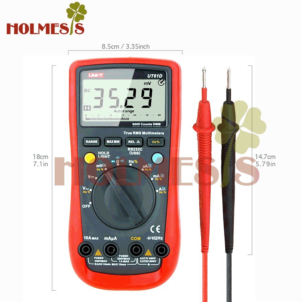 Multimeter - UNI-T UT61D RMS Digital Multimeter 6000 Counts Auto Range LCD backlight-red and black