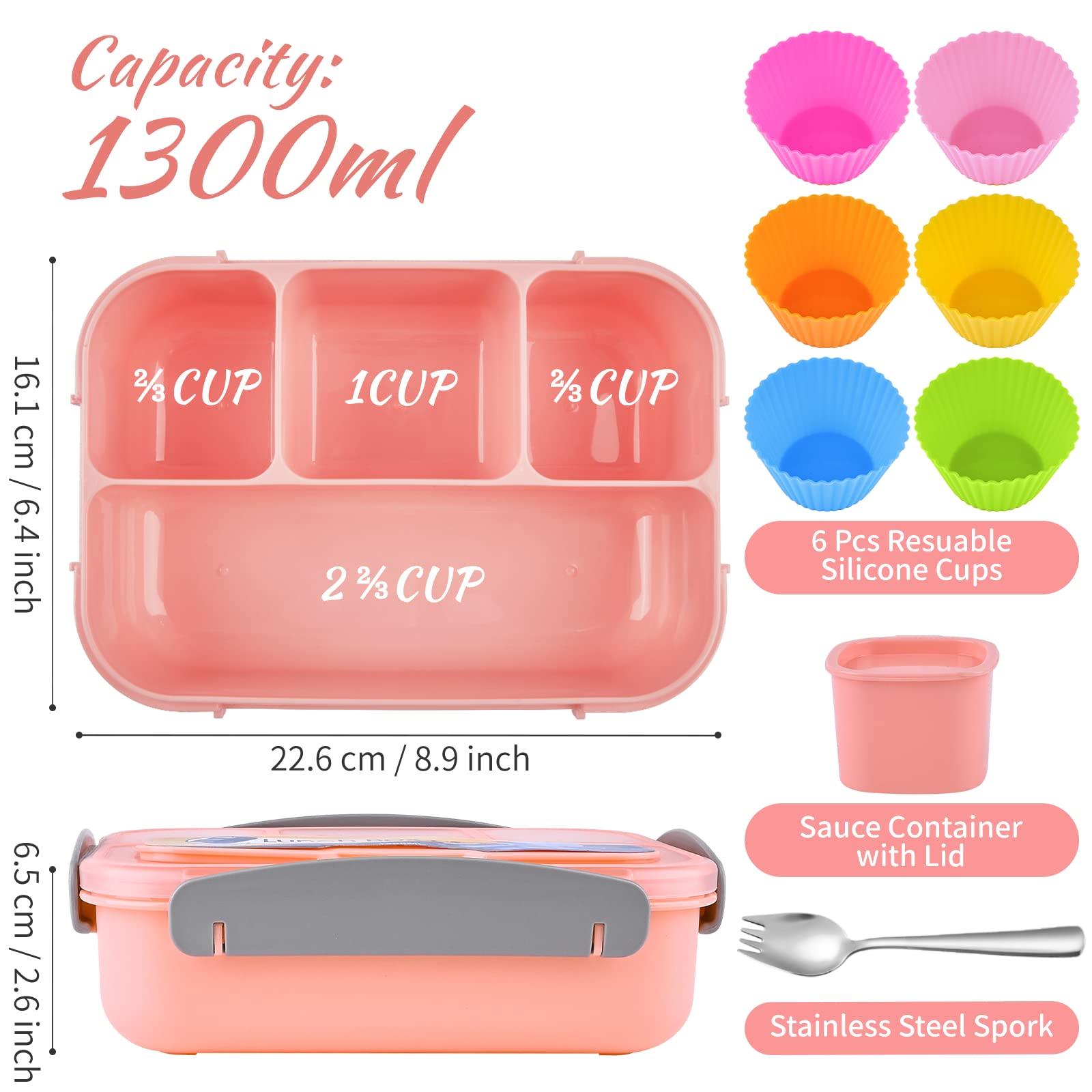 Zezzxu Bento Lunch Box for Kids and Adults, 1300 ML 4-Compartment Bento Box with Accessories, Plastic Lunch Containers Kit, Microwave & Dishwasher & Freezer Safe (Pink)