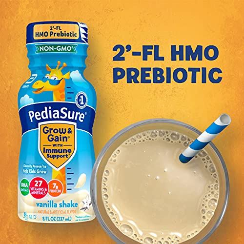 PediaSure Grow & Gain with 2’-FL HMO Prebiotic, Kids Nutrition Shake, Vitamins C, E, B1, B2, Non-GMO, Vanilla, Bottle, 8 Fl Oz, 24 Count