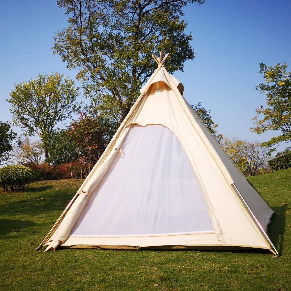 SIBORTER 2~3 People Outdoor Beige Cotton Canvas Camping Tent Pyramid Teepee Tent for Family
