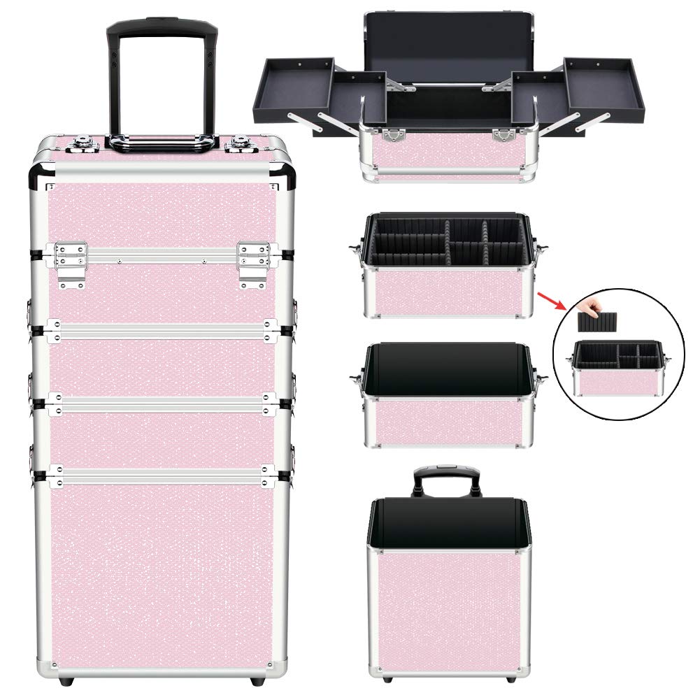 OUDMAY Makeup Case - 4 in 1 Professional Cosmetics Rolling Train Organizer with Aluminum Frame and Folding Trays Pink Diamonds