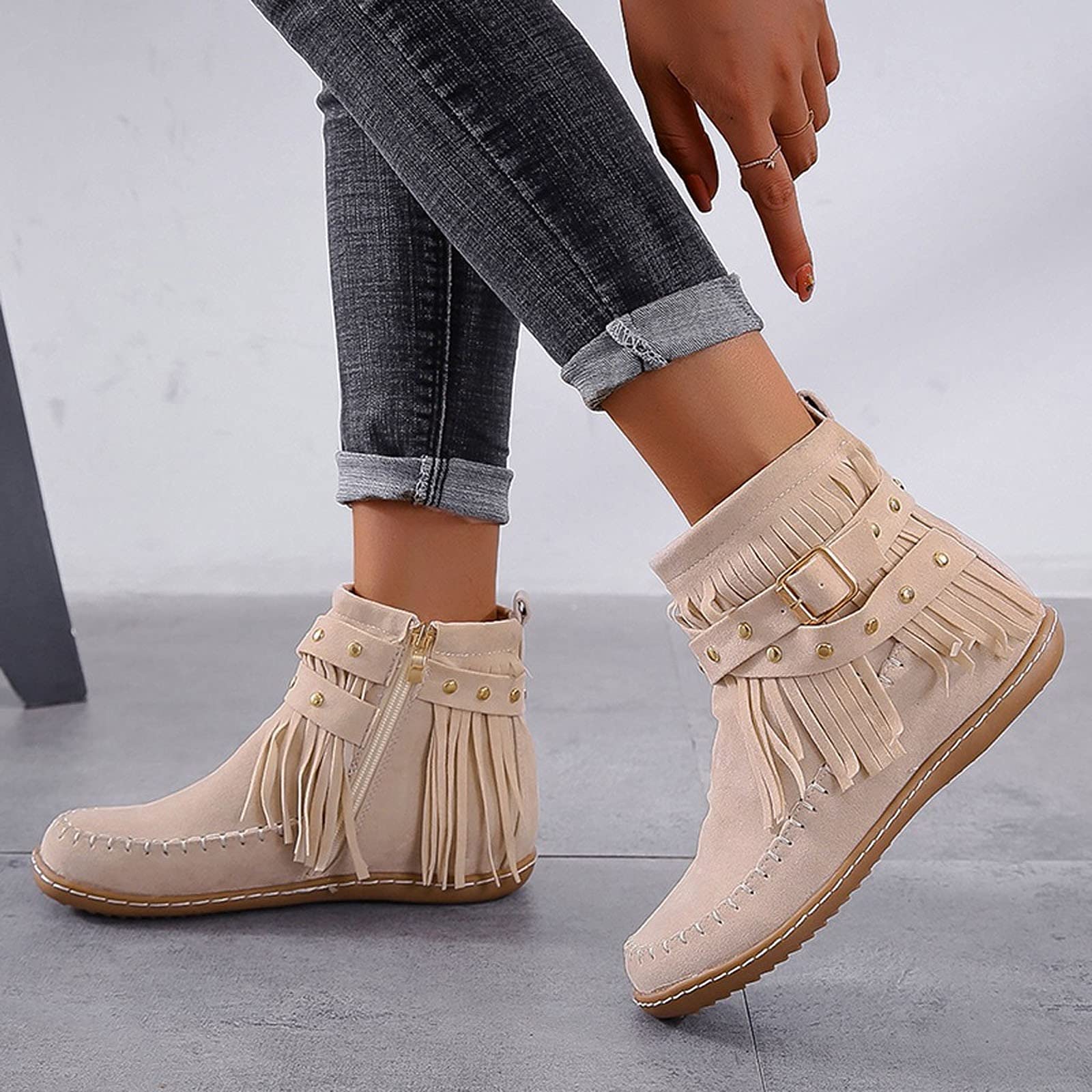 Womens Sandals, Womens Booties and Ankle Boots Women Cute Boots Beige Boots Low Wedge Booties Leather Cycling Boots Womens Motorcycle Boots