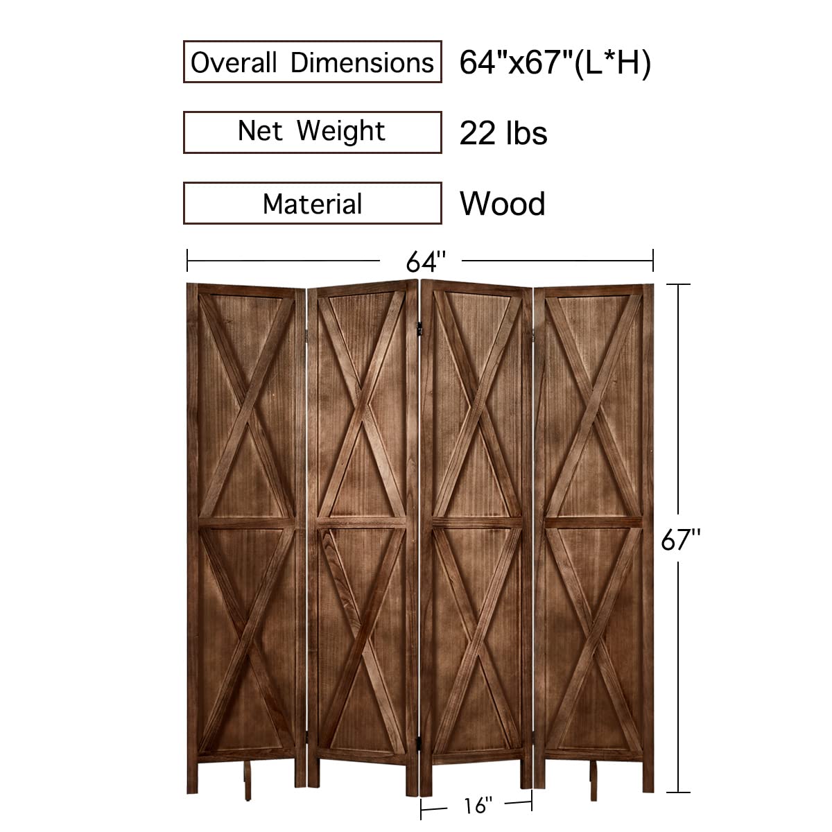 RHF 5.8 Ft.Tall 16" Room Dividers, Wood Folding Privacy Screens,Partition Wall Dividers for Rooms, Room Separator, Temporary Wall, Foldable Screen Panel with Feet4 Panel, Brown