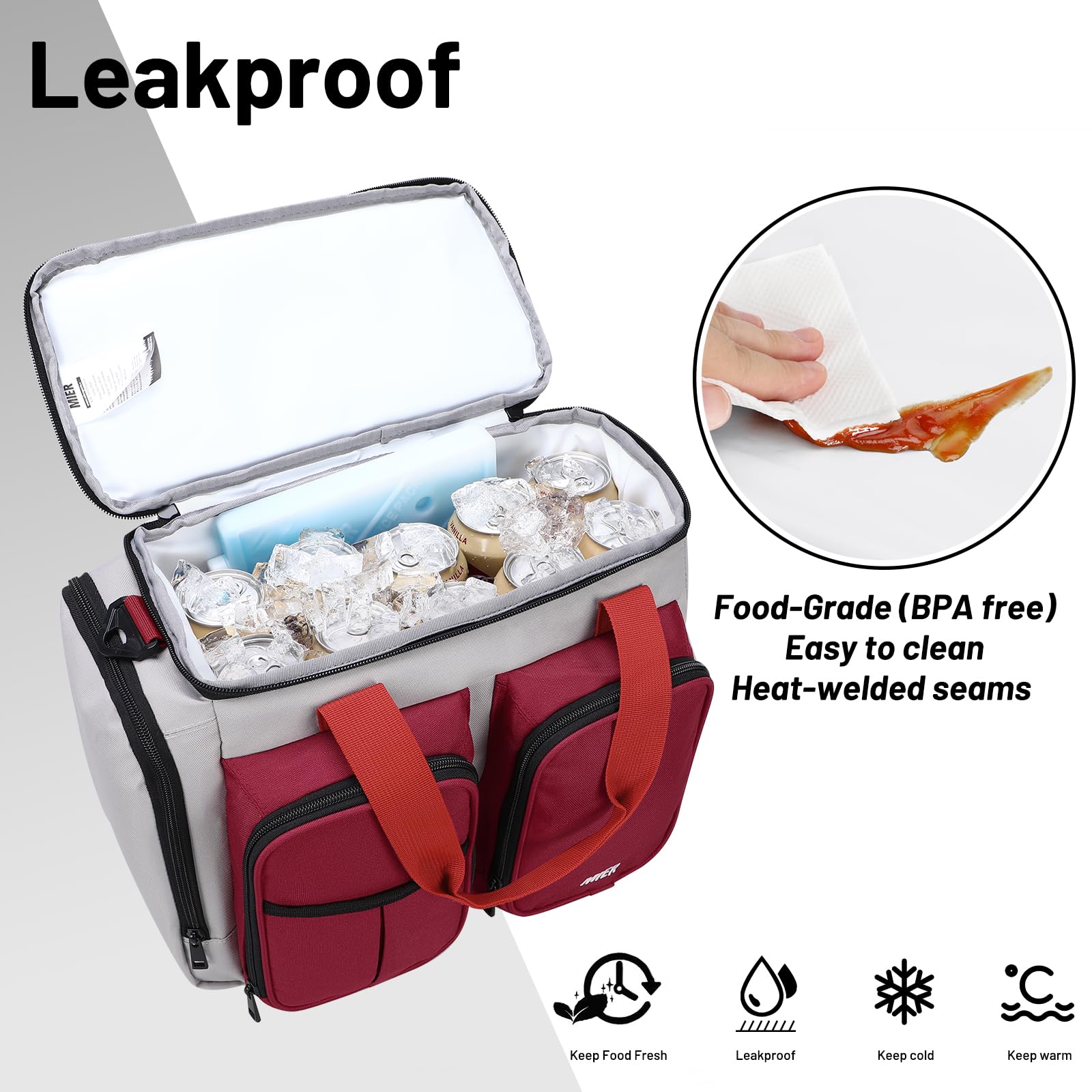 MIER Lunch Box for Men Heavy Duty 20 Cans Large Insulated Lunch Bag Leakproof Soft Cooler Bags with Multiple Pockets for Adult Women Work (Grey/Red, Large)