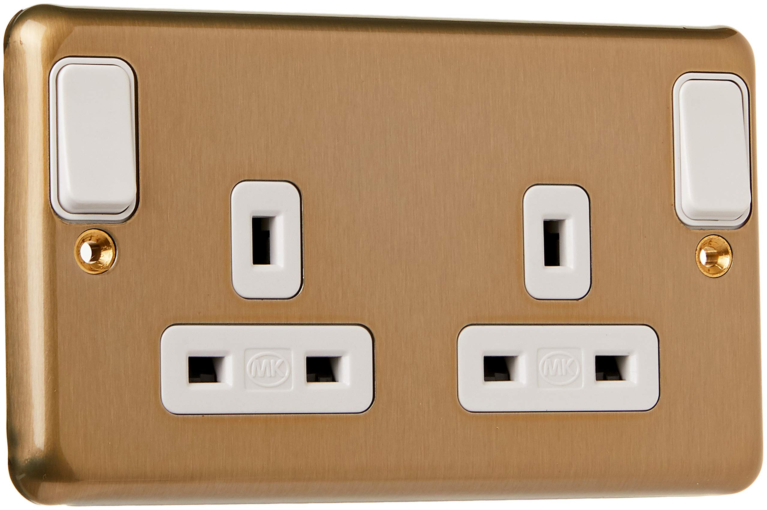MK K2947SAG Double Switch Socket with Outboard Rockers/Dual Earth/Double Pole - Satin Gold