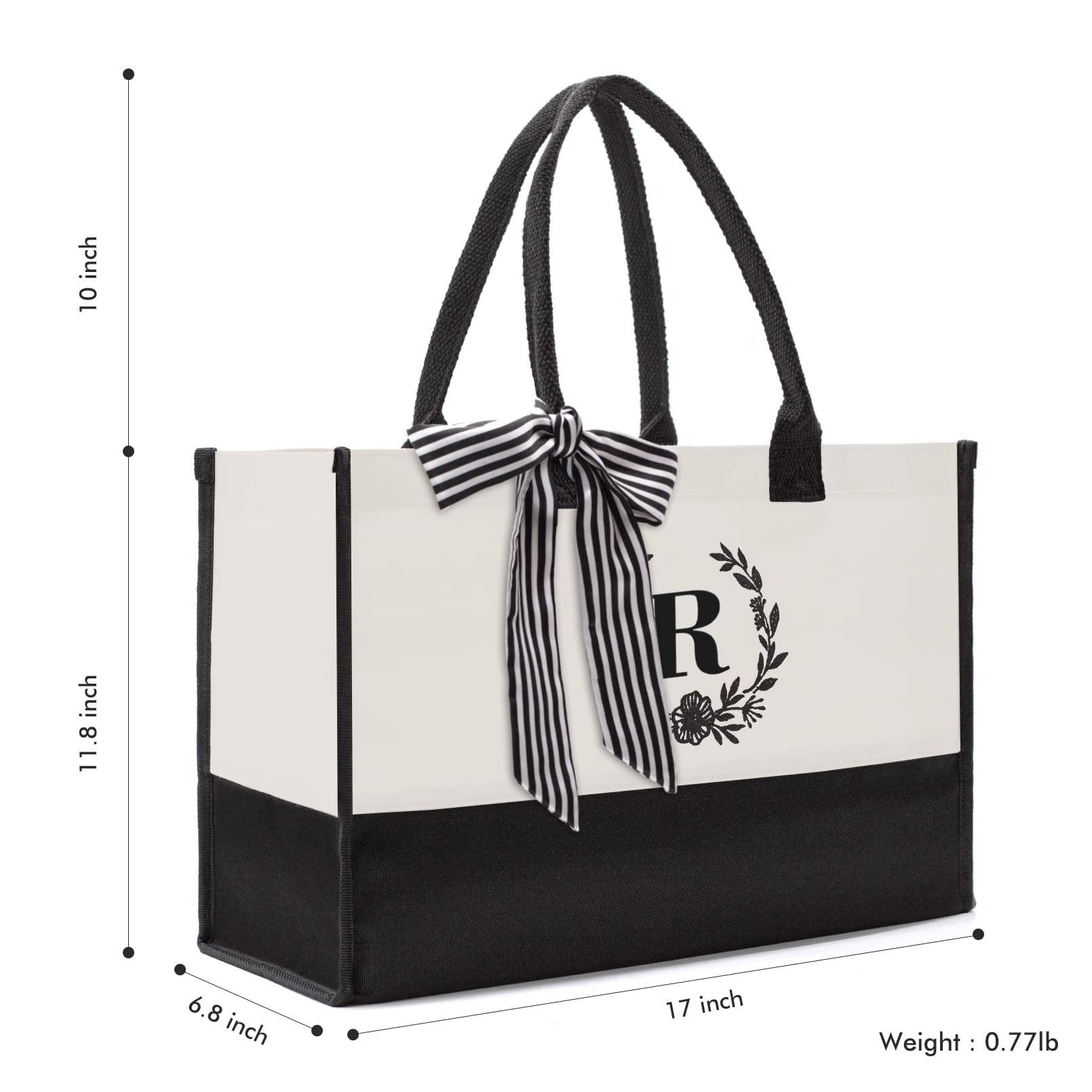 Personalized Initial Canvas Beach Bag,Monogrammed Gift Tote Bag for Women,Suitable for Wedding, Birthday, Beach, Holiday,Black and White Matching.Letter R
