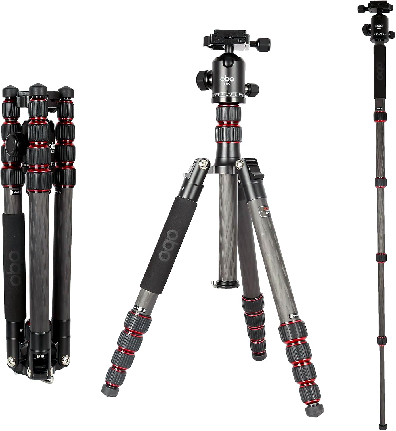 OBO N3 Carbon Fiber Camera Tripods for Digital DSLR Cameras with Quick Release Plate and Ball Head,Red and Black