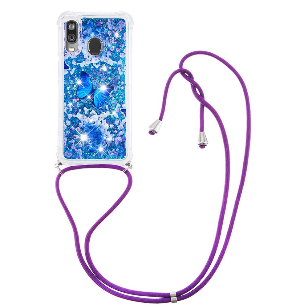Moving Quicksand Bling Phone Case for Samsung Galaxy A40 Mobile Phone Cover Lanyard Neck Strap Protective Phone Cover Necklace Case for Samsung Galaxy A40 (Blue Butterfly)