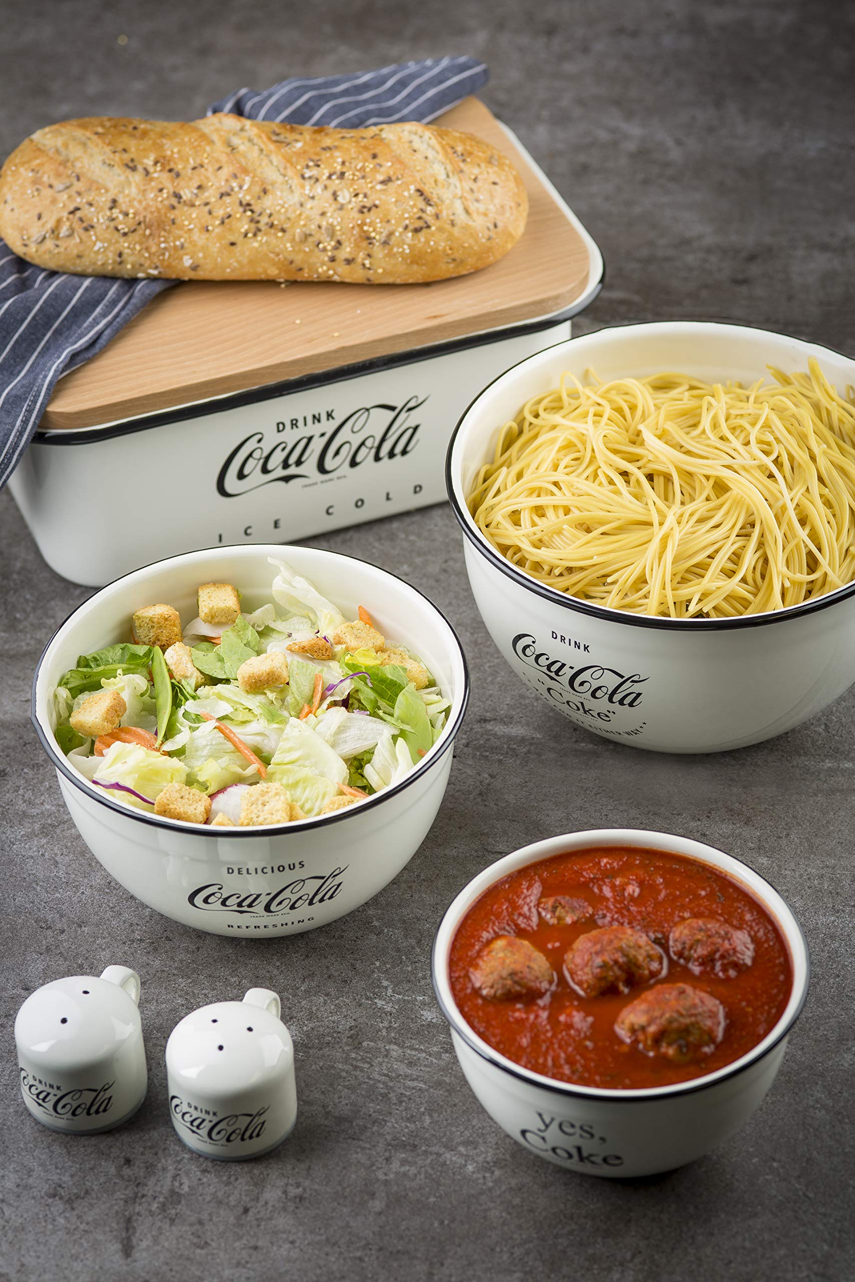 TableCraft's Coca-Cola Enamel Mixing Bowls, S: 7'' dia, M: 8.5'' dia, L: 1.25'' dia, White