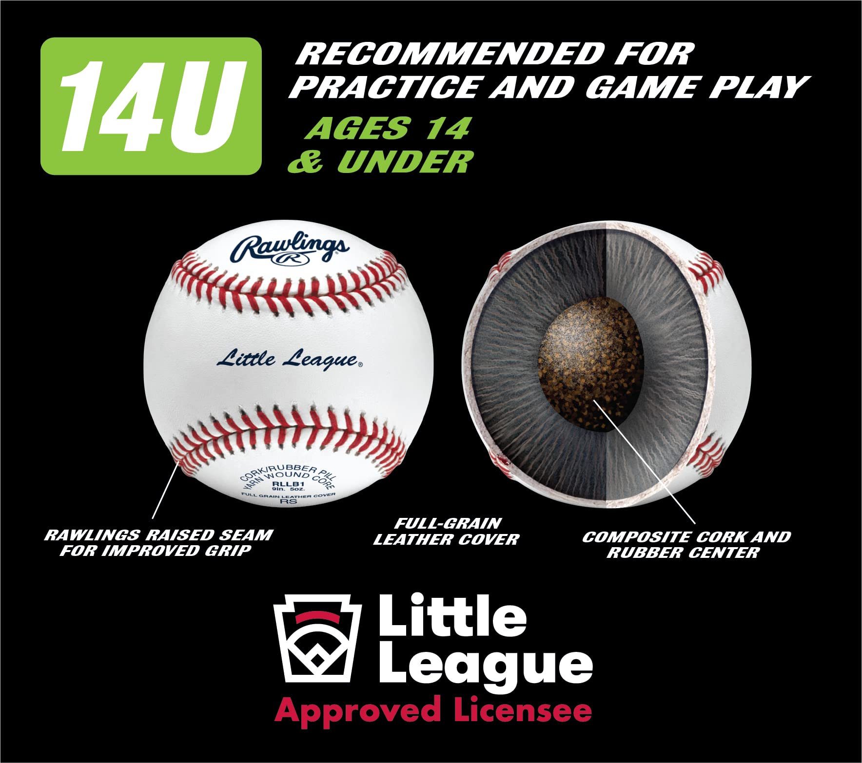 Rawlings | LITTLE LEAGUE Competition Grade Baseballs | RLLB1 | Youth/14U | Game/Practice Use | 6 Count