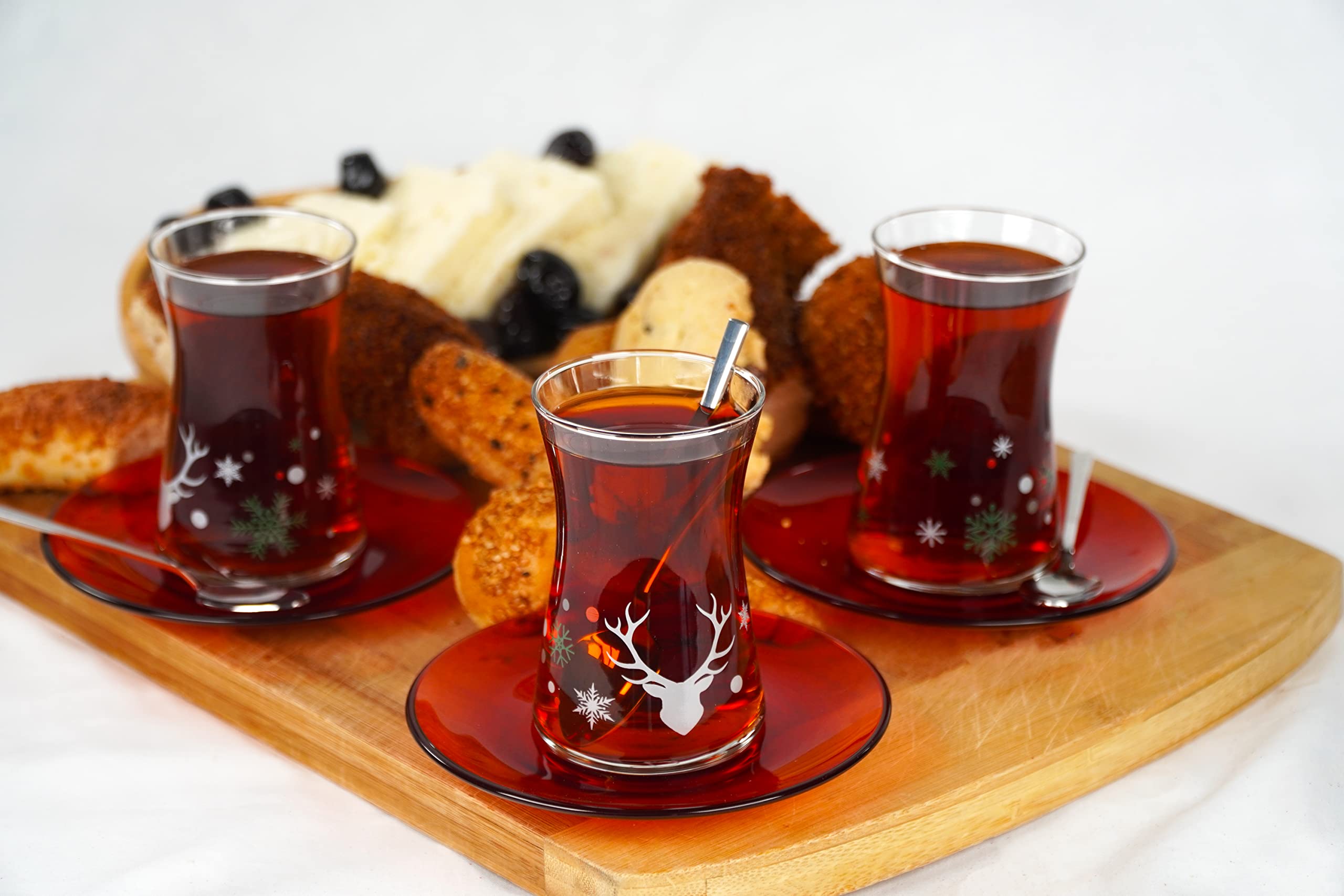 Turkish Tea Set, Turkish Tea Cups, Saucers and Tea Spoons, 6 Glasses, 6 Saucers and 6 Stainless Steel Spoons (18 Pieces), Set For 6 (Christmas)