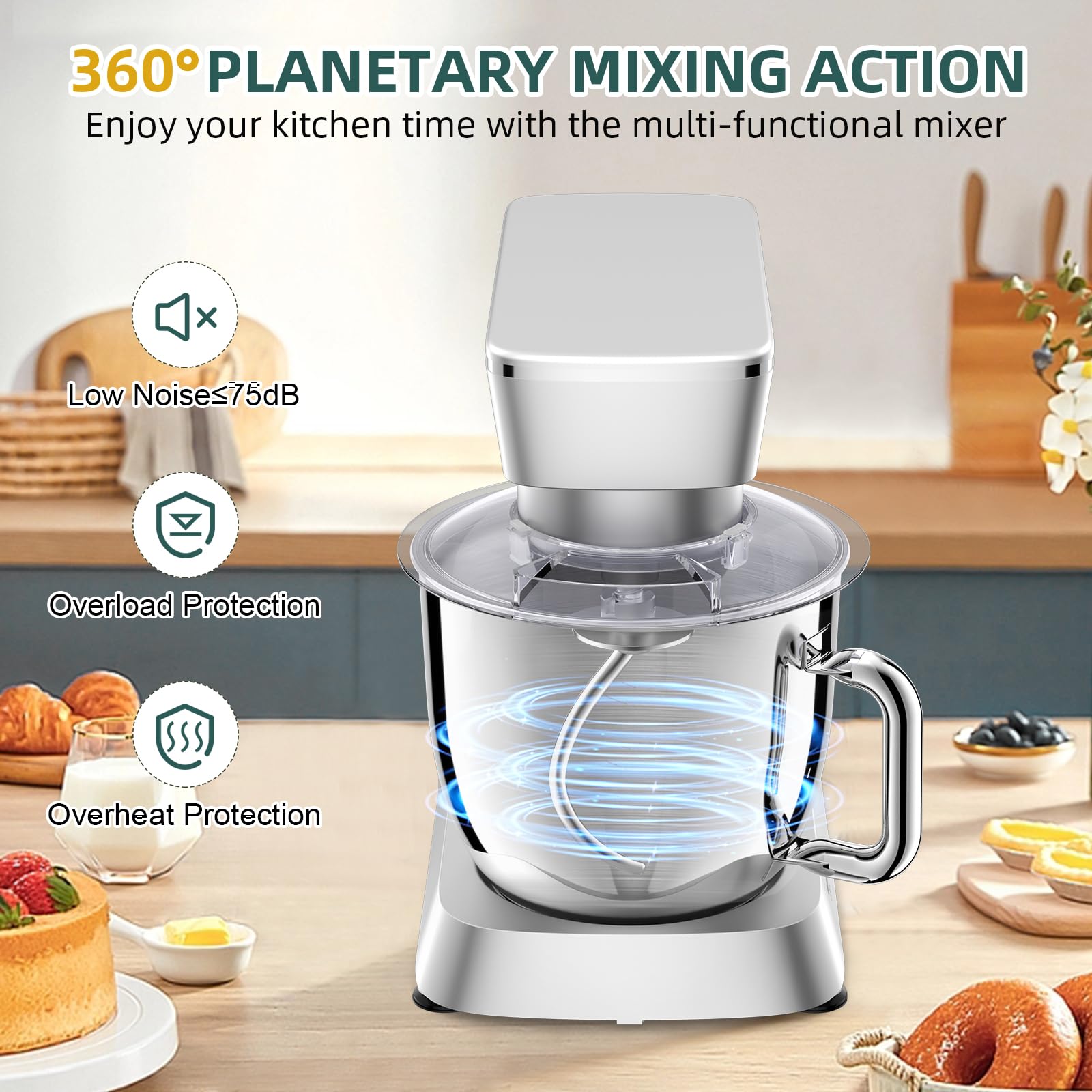 Peicual Stand Mixer, 5.5QT 10+P Speed Tilt-Head Kitchen Electric Mixer, Food Mixer with Stainless Steel Bowl, Dough Hook, Flat Beater, Wire Whisk, Splash Guard for Daily Use - Silver