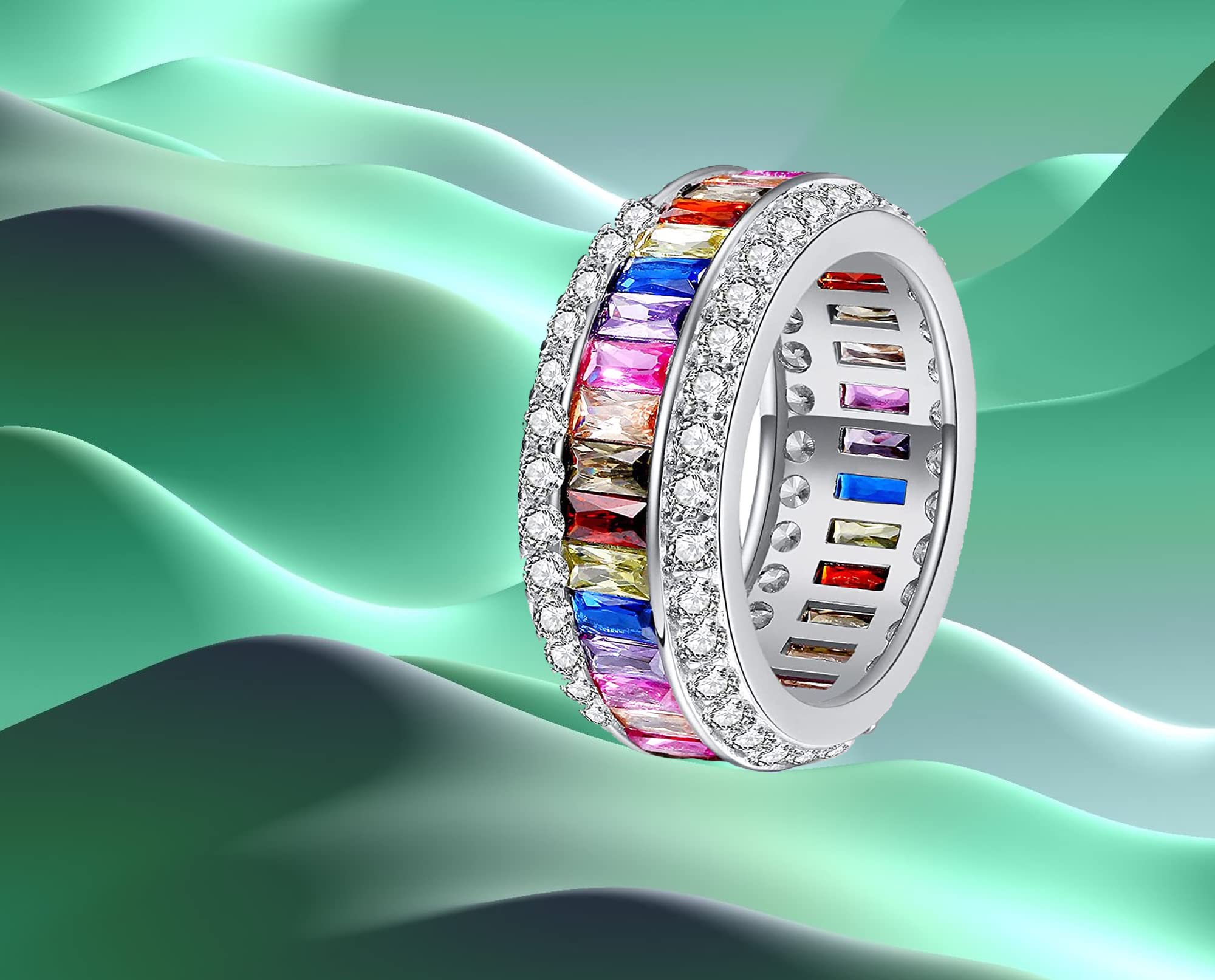 VPKJewelry 18K Gold Plated Rainbow Ring Wedding Band for Women Ladies Emerald Cut Multi Color Created-Gemstone Eternity Ring (Multicolor, 9)