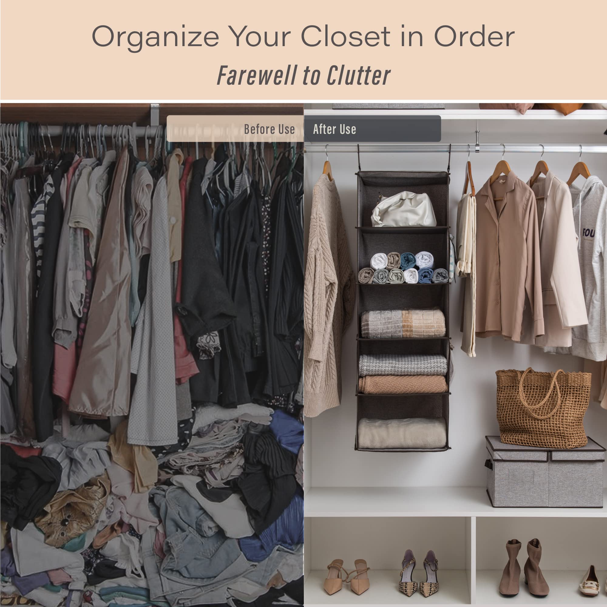 StorageWorks 5-Shelf Jumbo Hanging Storage Closet, Hanging Organizer for Closet Rod, Hanging Cloth Organizer Storage, Canvas, Gray, 13" D x 15" W x 47 ¾" H