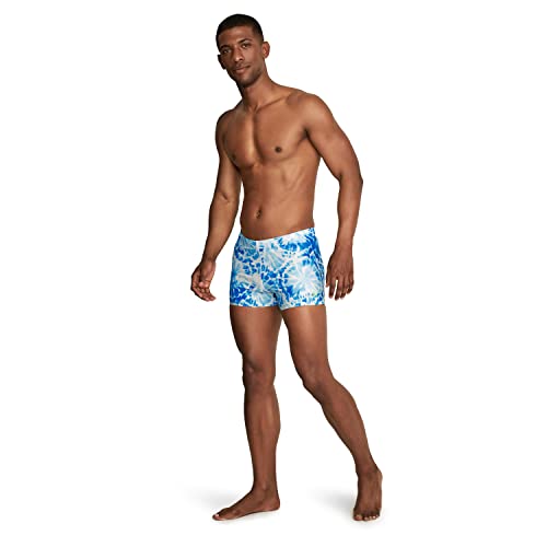 Speedo Men's Standard Swimsuit Square Leg Printed, Tides White/Blue, Medium