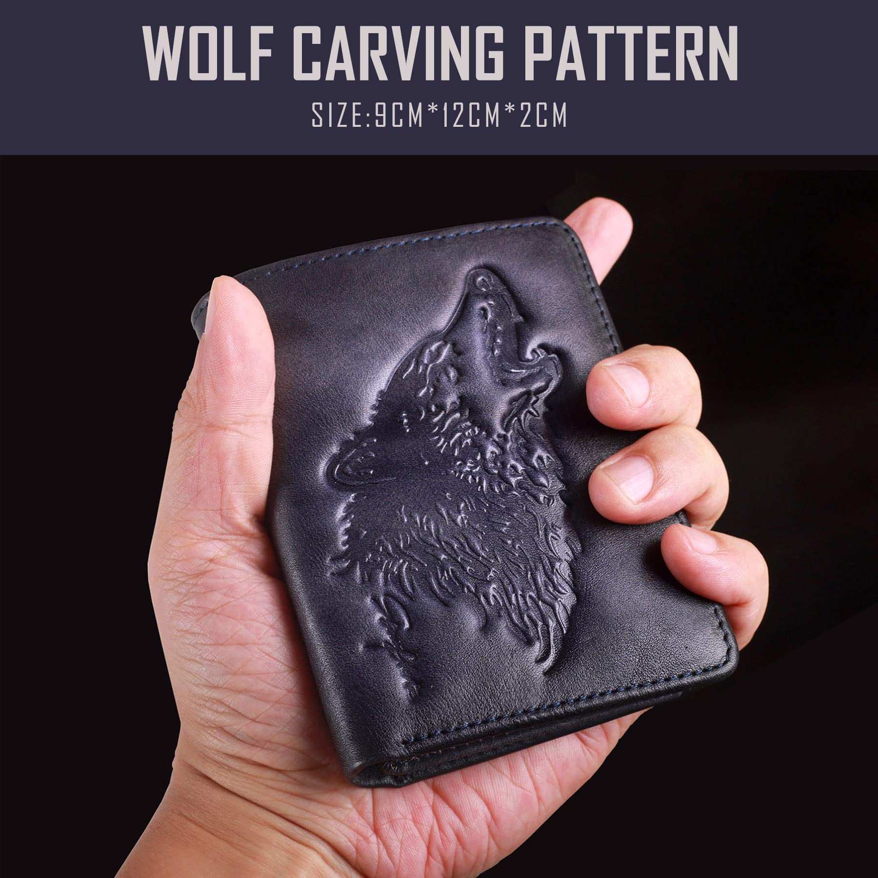 skneephate Wolf Mens Wallets Leather Bifold Wallets For Men,Rfid Blocking,Gift For Him Husband (bluegrey)