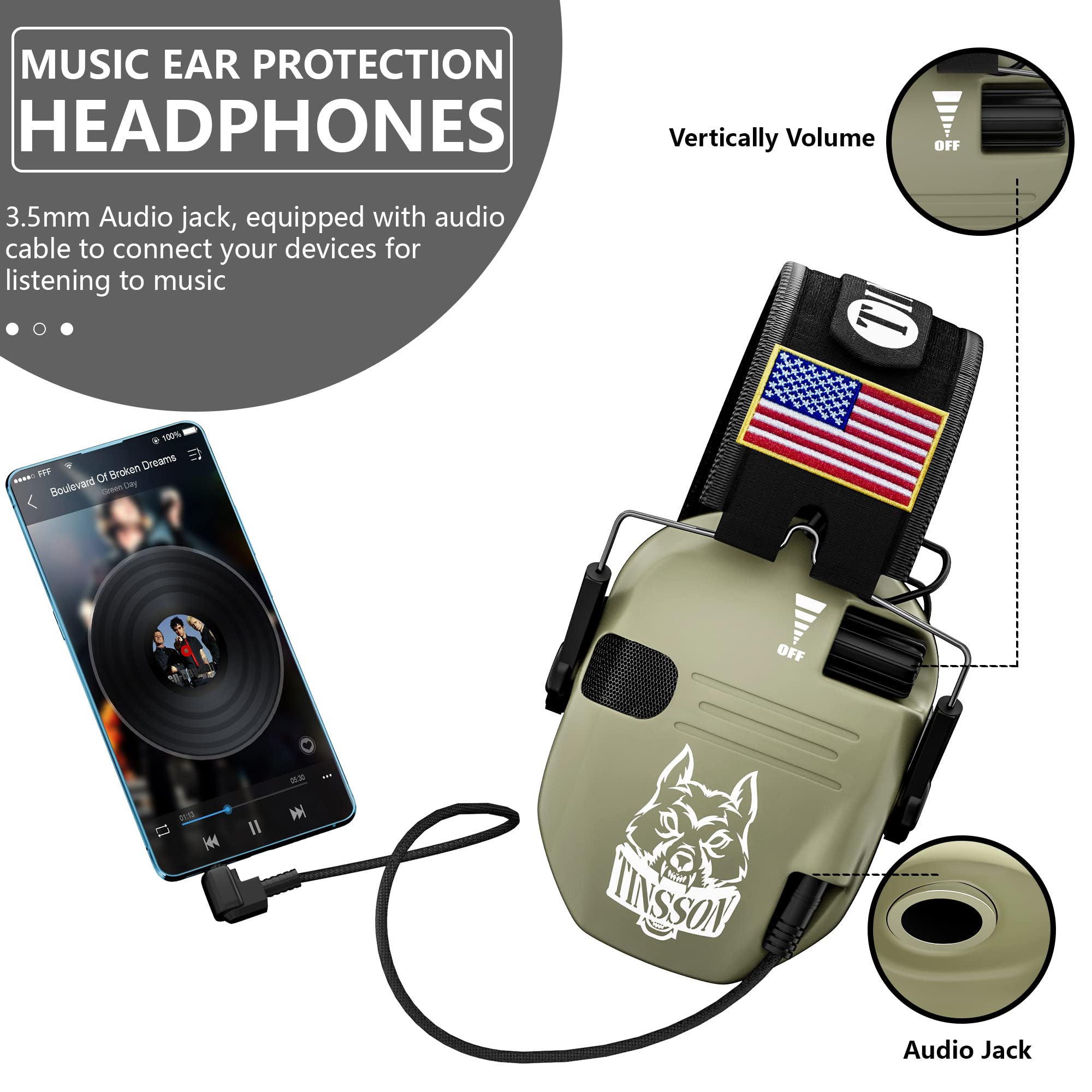 TINSSON NRR 23dB Shooting Ear Protection with US Flag Electronic Earmuffs for Hunting Noise Reduction Headphones Oliver