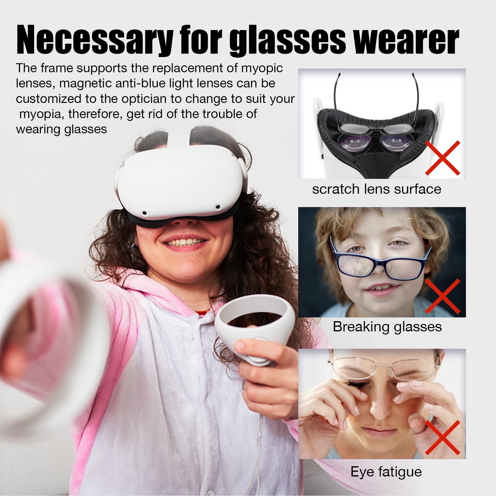 VR Anti-Blue Light Glasses Suitable for Oculus Quest 2 ,VR Accessories with Magnetic Frame and Blue Light-Blocking Lenses,Support The Replacement of Lenses to Suit Your Myopia(Black)