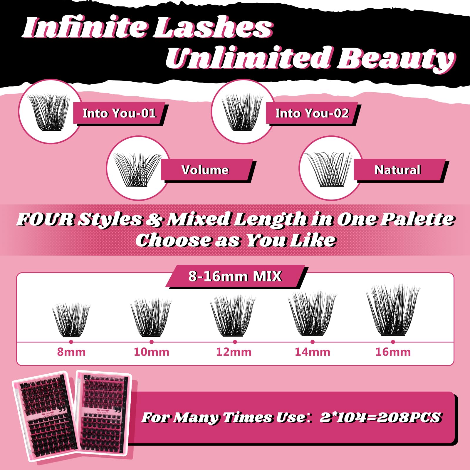 PRO DIY Lash Extension Kit 4 Styles Mixed Lash Extension Kit Lash Clusters Kit with 208 Pcs Cluster Lashes Lash Bond and Seal Lash Remover Eyelash Applicator for Beginner (4 Styles Mix-A)